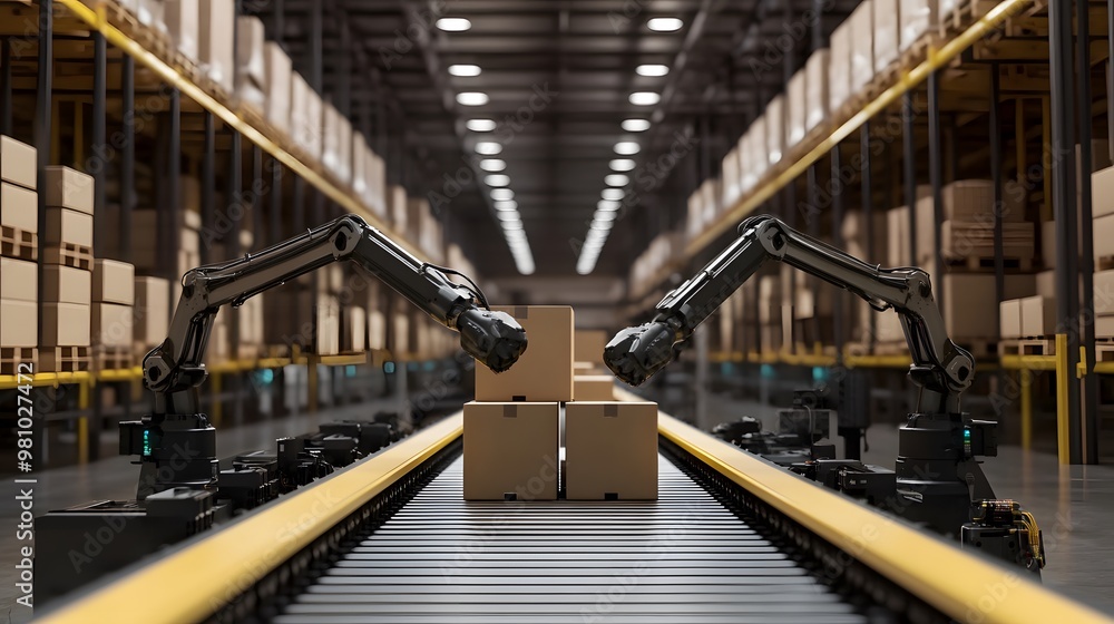 Robotic arms in a modern warehouse system efficiently sorting and ...