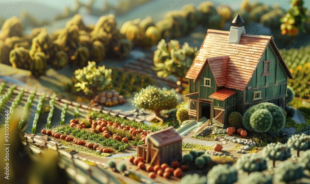 Miniature farm scene with a green barn, crops, and trees in a rural ...