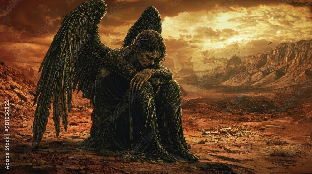 An illustration of a fallen angel with a solemn expression, sitting in a barren landscape with ...