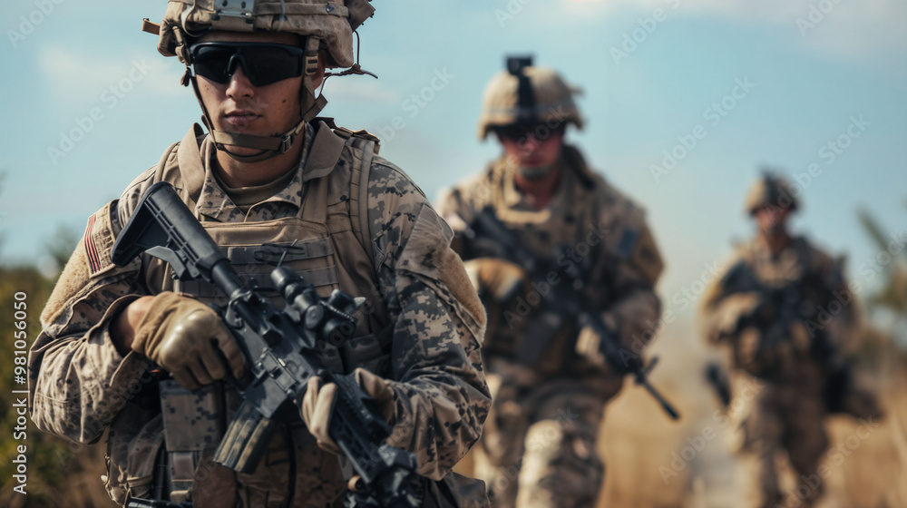 US Marine squad on patrol in desert terrain. Soldiers in combat gear ...