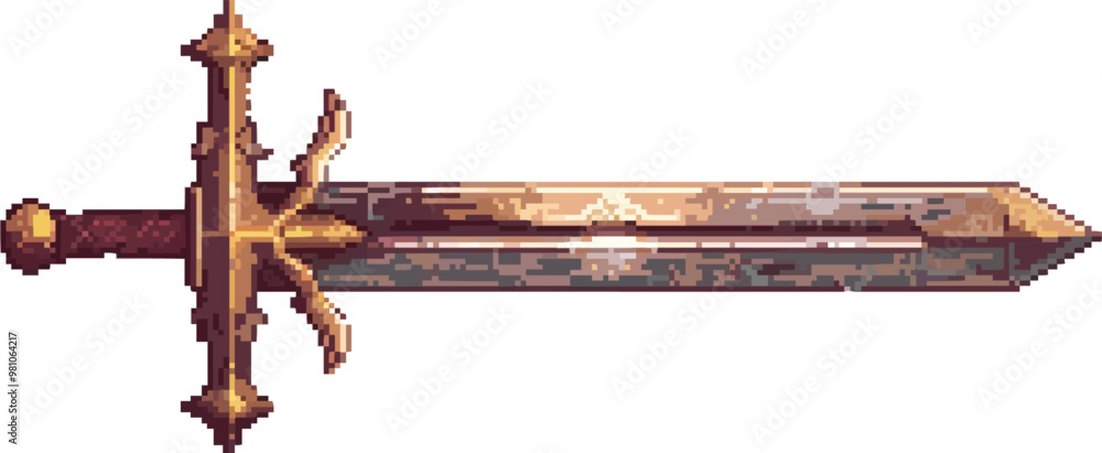 A sword with a gold hilt and a silver blade. The sword is old and worn ...