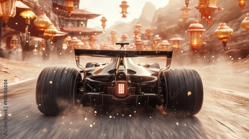 Futuristic Formula One car racing through a dust storm in a desert ...
