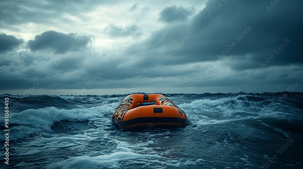 Lifeboat Floating in Stormy Seas with Dark Clouds in Cinematic Style ...