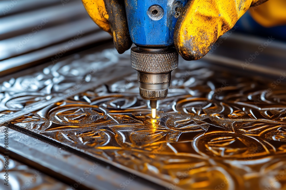 Acid etching patterns onto metal surfaces in industrial manufacturing ...