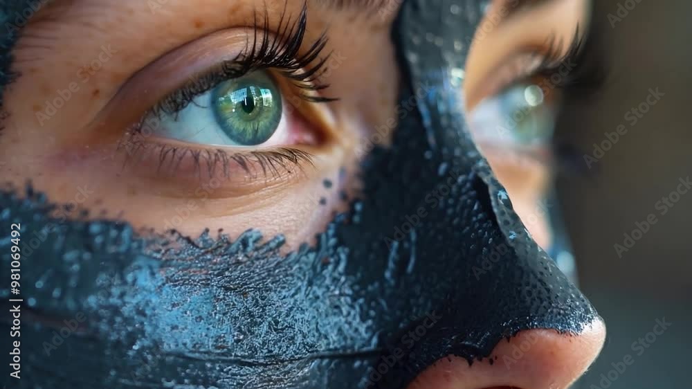 A close-up view of a woman cheek as she applies a charcoal mask ...