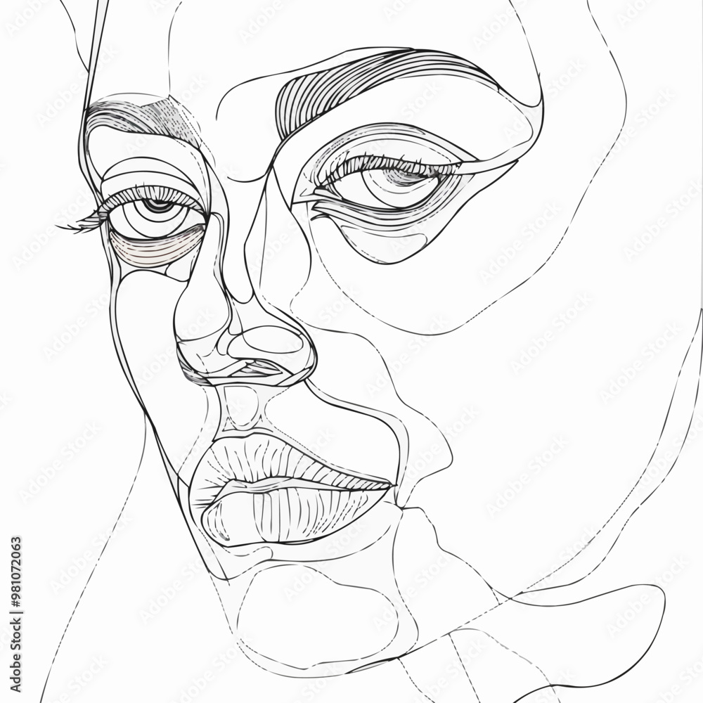 A woman's face is drawn in black and white. The drawing is of a woman ...