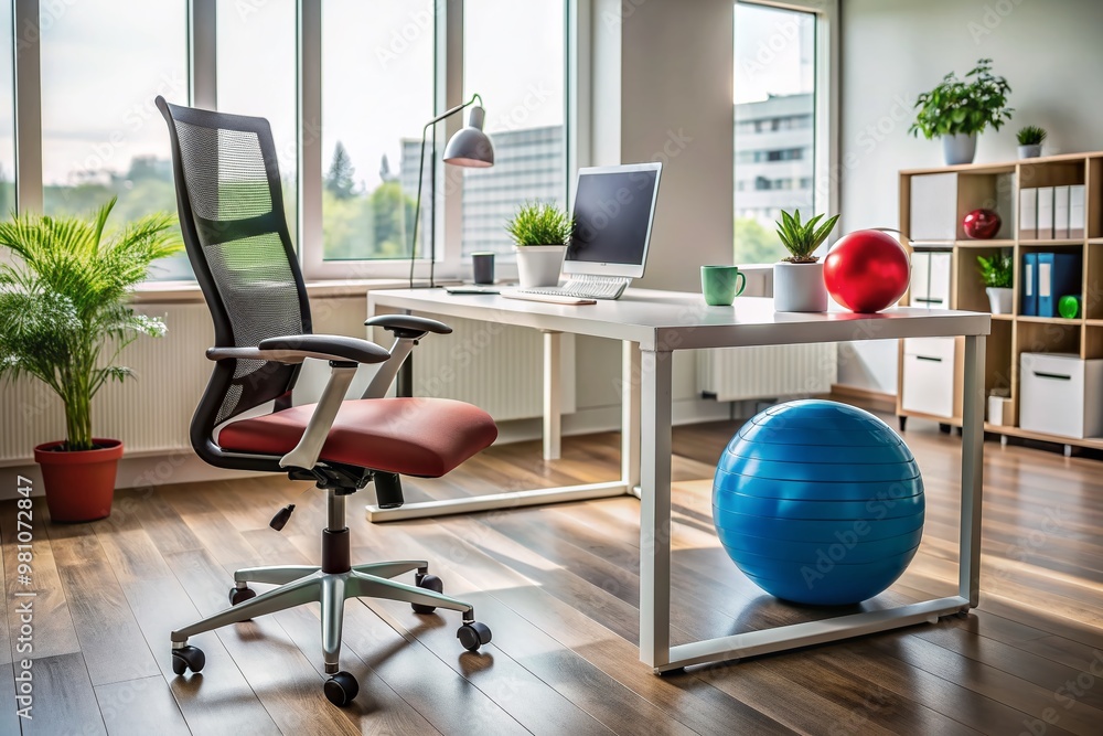 Empty desk with ergonomic chair, stretching exercise ball, and posture ...