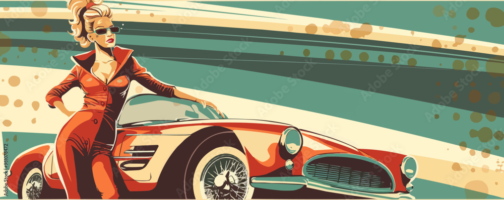 Fun pin-up race car driver in a retro suit, leaning against a vintage ...