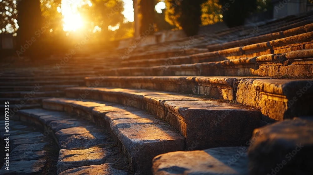 Majestic stone amphitheater, ancient Greek architecture, soft sunlight ...