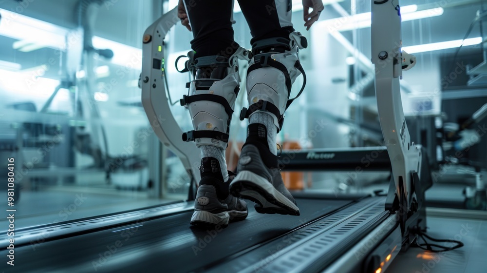 Patient Utilizes an Exoskeleton for Rehabilitation on a Treadmill in a ...