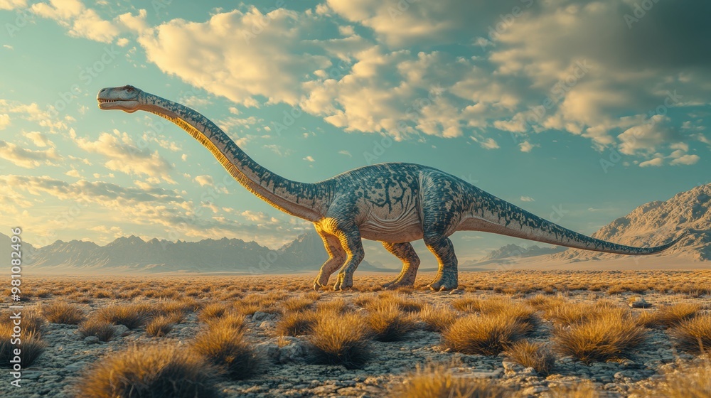 Horizontal 3D render of a Diplodocus its long neck and whip-like tail ...