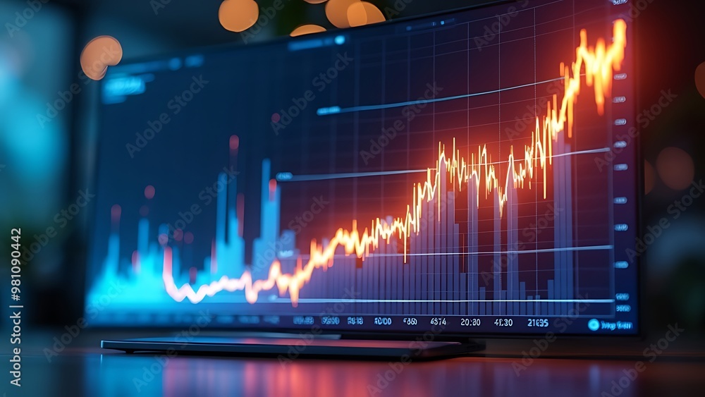 A digital currency growth chart showing an upward trend in value. The ...