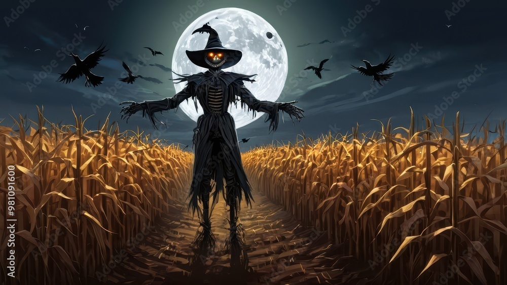 A spooky scarecrow stands menacingly in a cornfield under the full moon ...