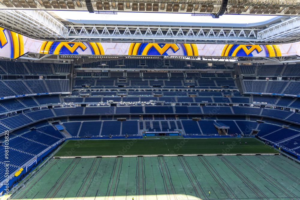 Interior view of the Santiago Bernabéu Stadium, showcasing the seating ...