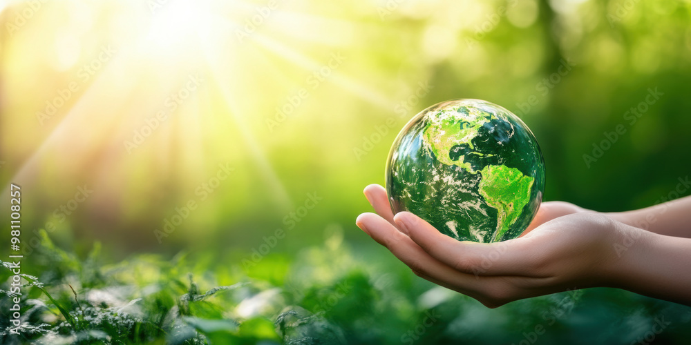 Caring for planet is essential, as shown by hands holding globe ...