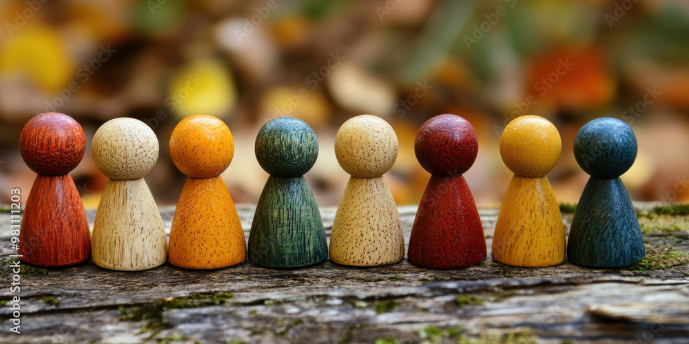 Colorful wooden figures arranged in line, symbolizing teamwork and ...