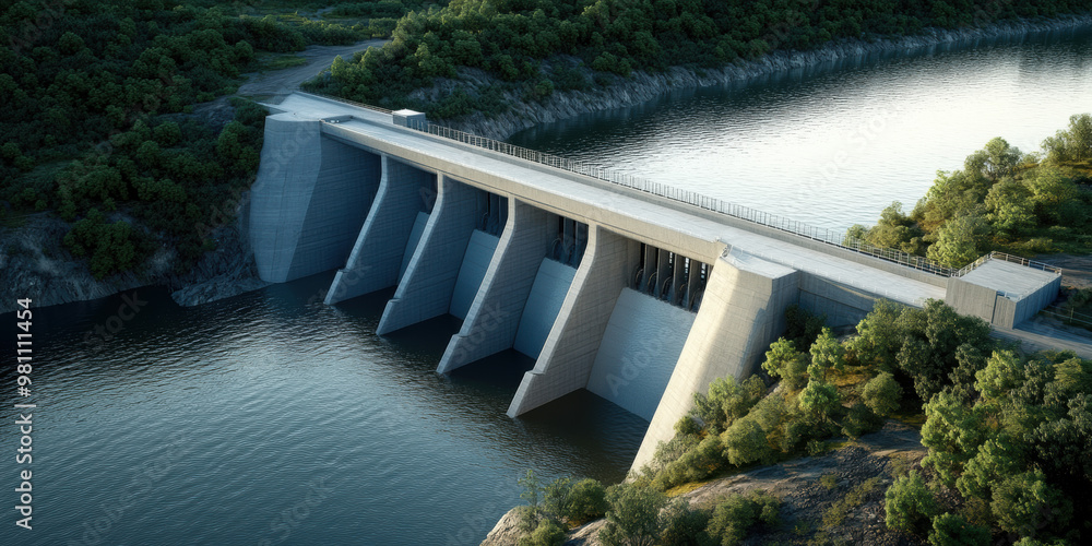 A modern dam structure is depicted, showcasing its impressive design ...