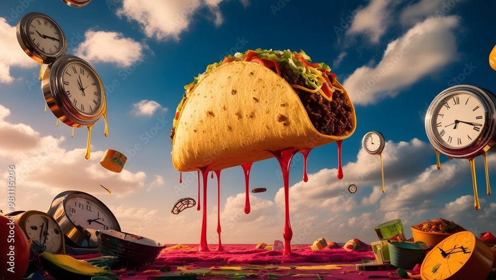A dreamlike scene of a giant taco floating in the sky, with melting ...