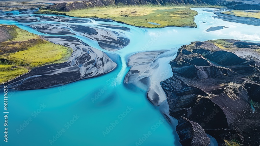 Aerial view of the sinuous braids in Iceland, a river with multiple ...