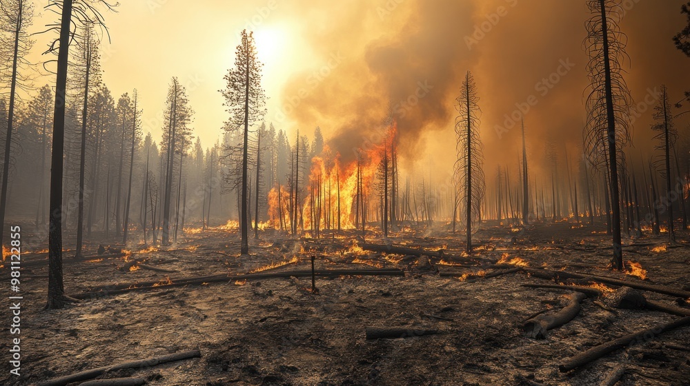 burnt forest Forests destroyed by forest fires The ground was covered ...