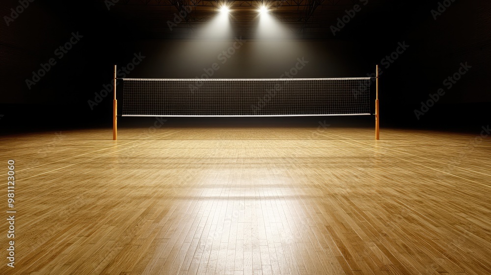 Indoor volleyball court with net close-up. Gymnasium sports setting ...