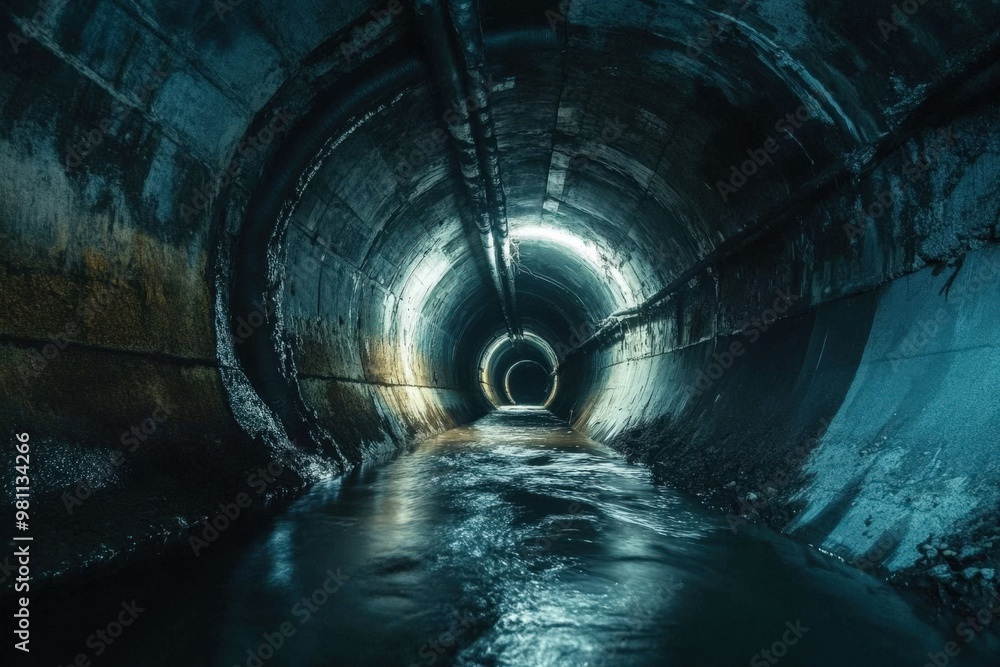 Sewer System: Dark Concrete Tunnel with Flowing Wastewater in ...