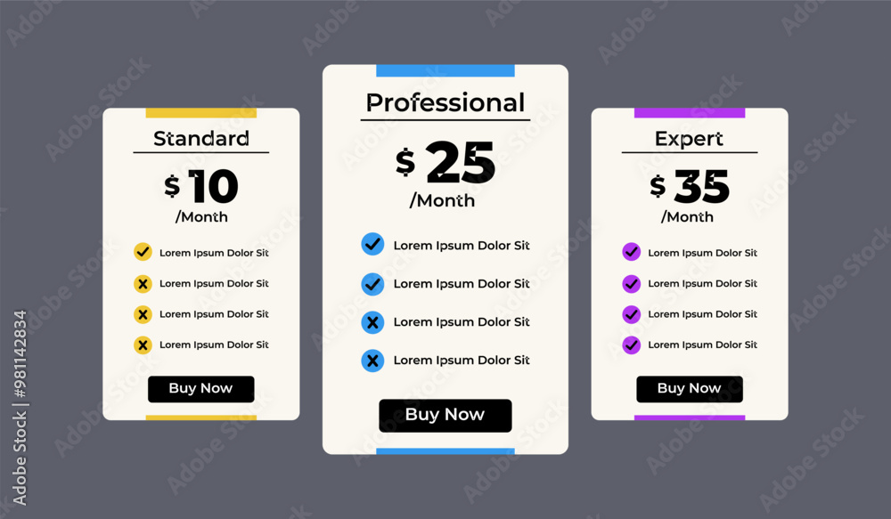 3 column comparison price chart template design for web business Stock ...