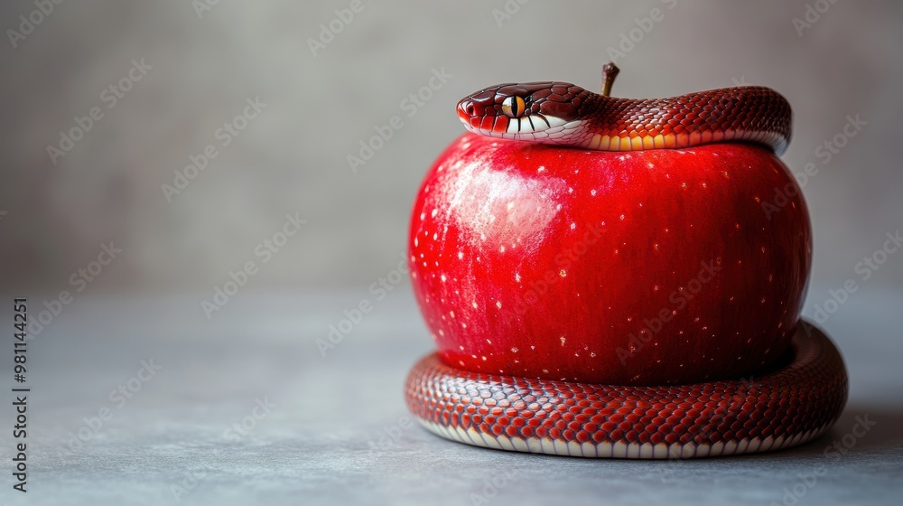 The apple and serpent, a snake coiled around a red apple, symbolize the temptation faced by Adam ...