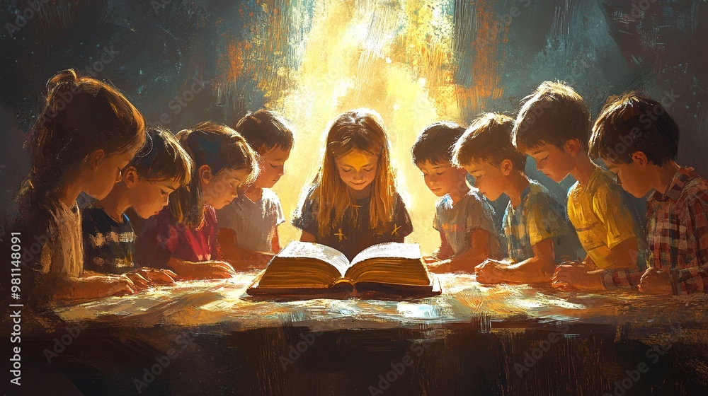 kids gathering for a prayer meeting with an open Bible, sharing faith ...