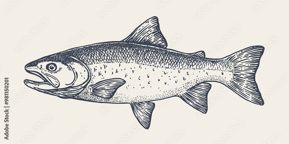 Salmon fish, seafood, sketch. Vintage retro print, seafood salmon fish ...