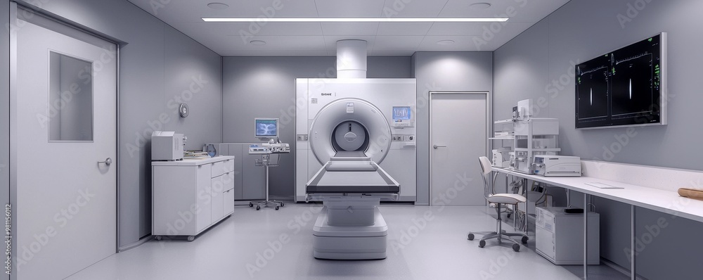Modern medical imaging room featuring a CT scanner and advanced ...