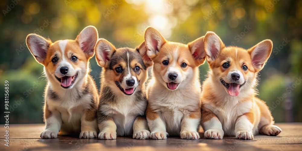 Four adorable corgi puppies gathered together, engaging in playful ...