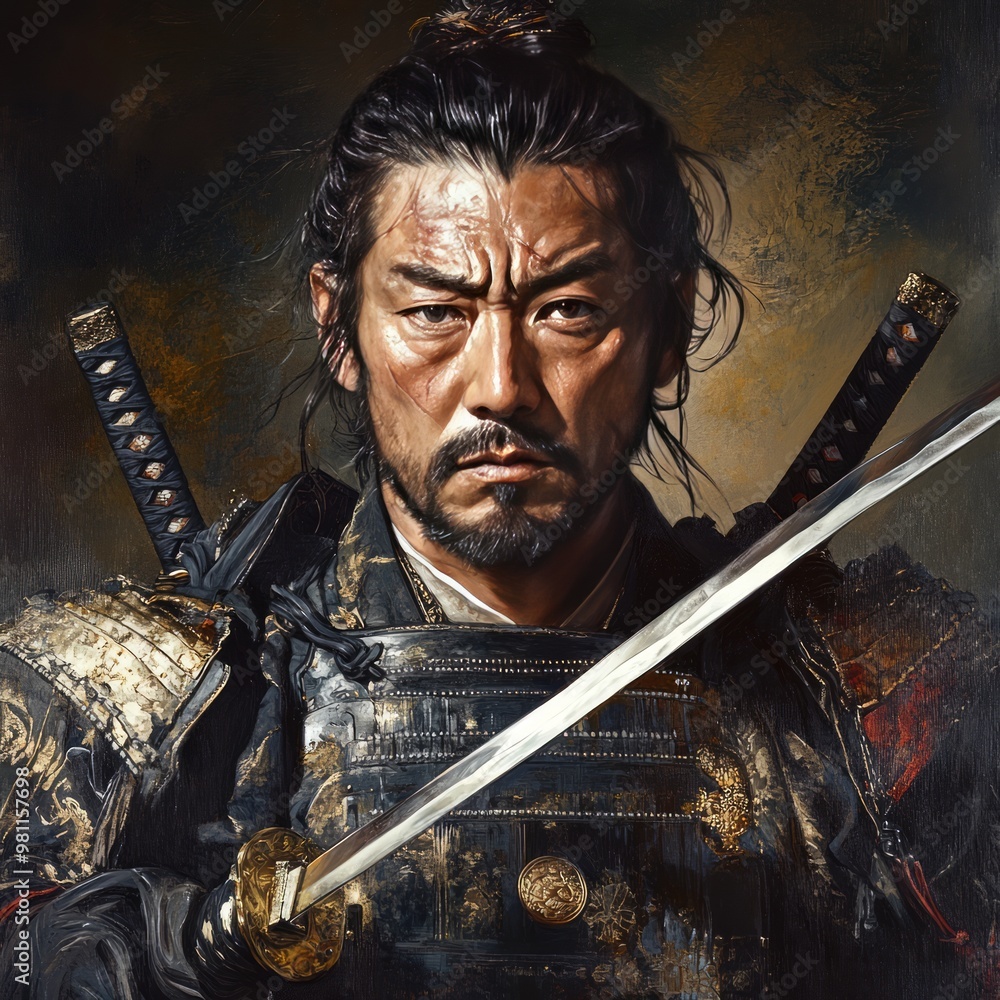 A close-up portrait of a samurai warrior with a serious expression ...