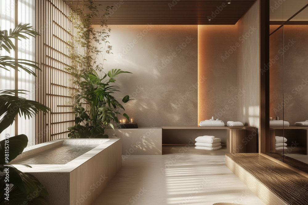 Modern Japandi spa design, combining natural materials like wood, stone ...