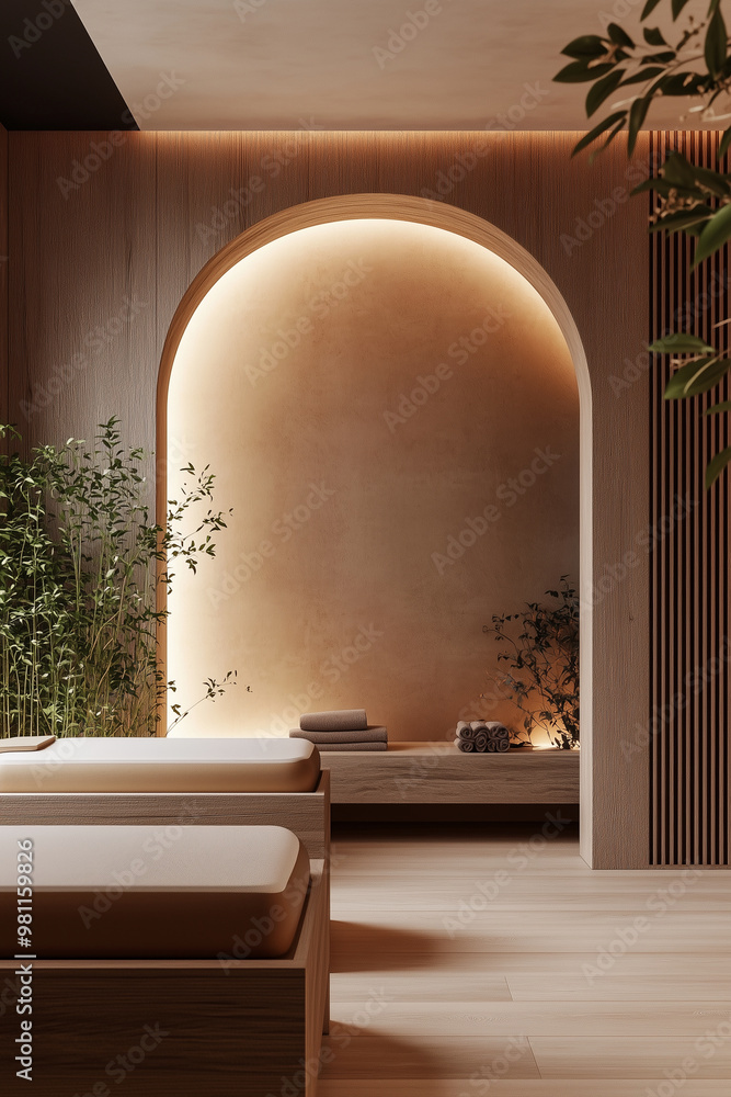 Modern Japandi spa design, combining natural materials like wood, stone ...