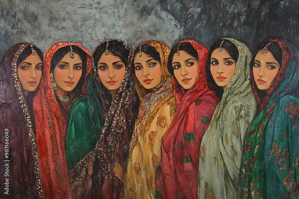 Portrait Painting of Six Indian Women in Traditional Dress. Stock ...
