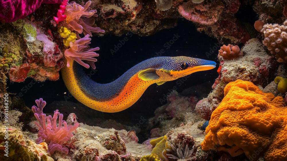 A ribbon eel extending its vibrant, ribbon-like body from a coral ...