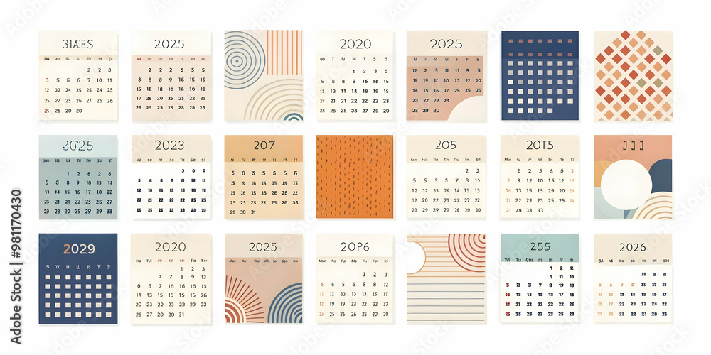 Colorful Flat Abstract Calendar Elements for 2025: Dynamic Shapes ...