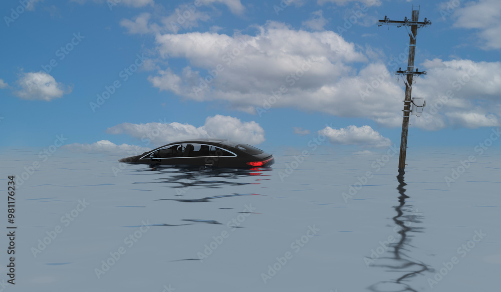 Flooded cars, flooded EV cars, floating cars, 3D illustrations Stock ...