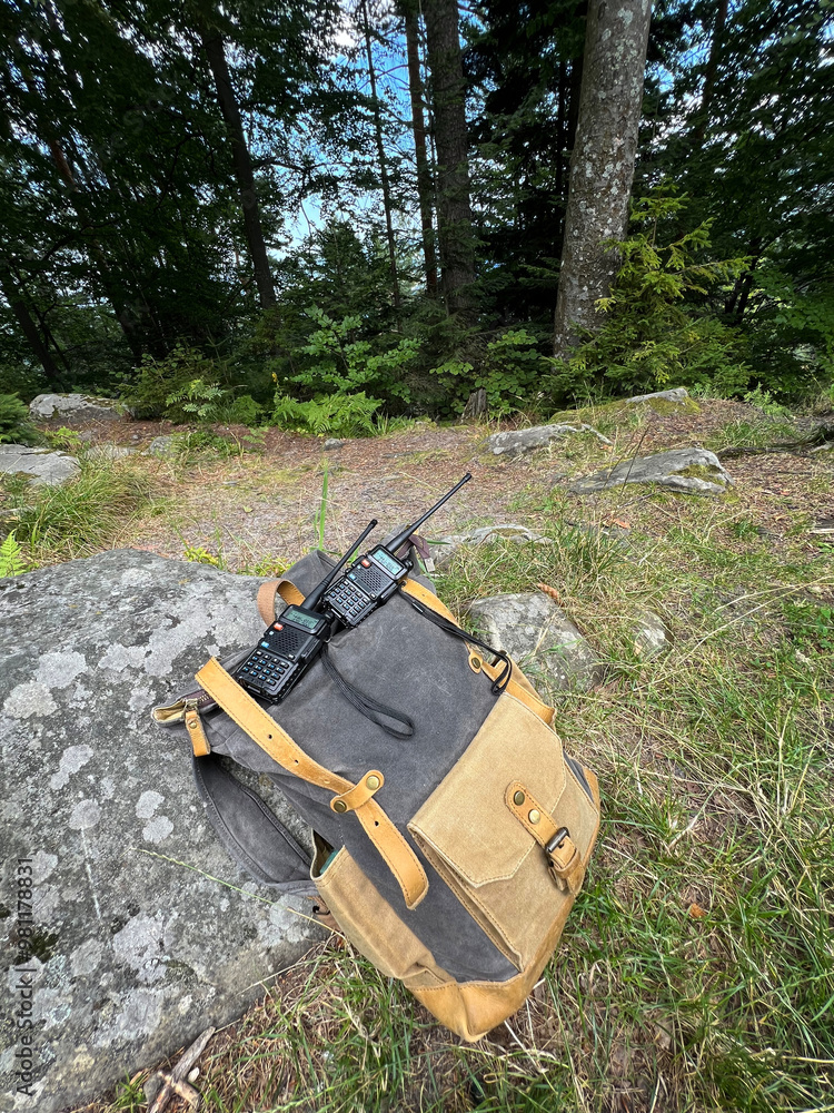 Walkie talkies on the backpack. Concept of wireless communications. Off ...