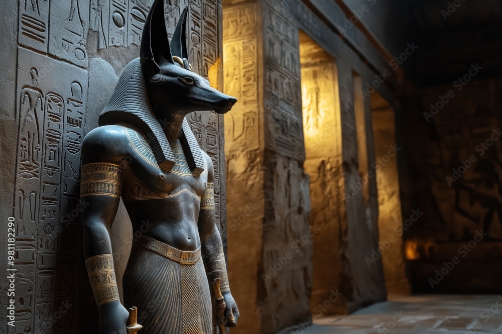 This image features a statue of Anubis, the ancient Egyptian god of ...