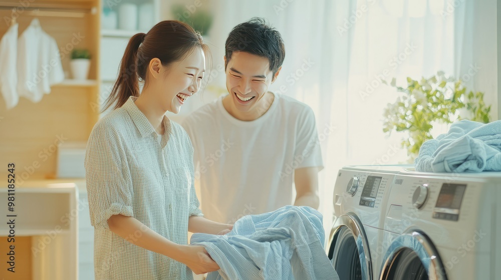 An Asian couple doing laundry together, laughing as they fold clothes in a brightly lit laundry ...