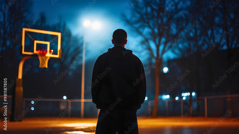 Rearview young man, a teenager, athlete stands on a basketball court ...