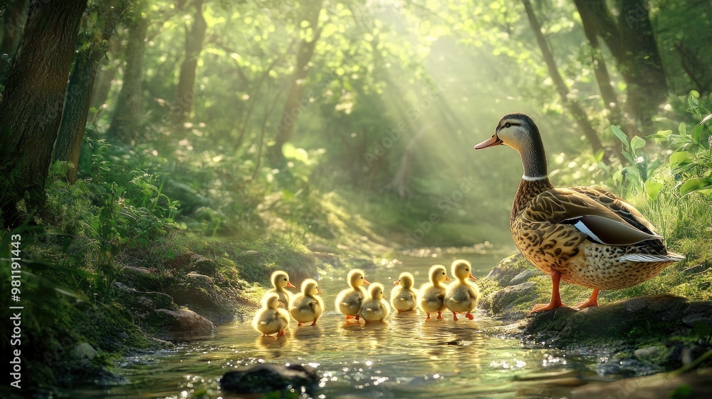 Cute ducklings following their mother along a forest stream, with ...