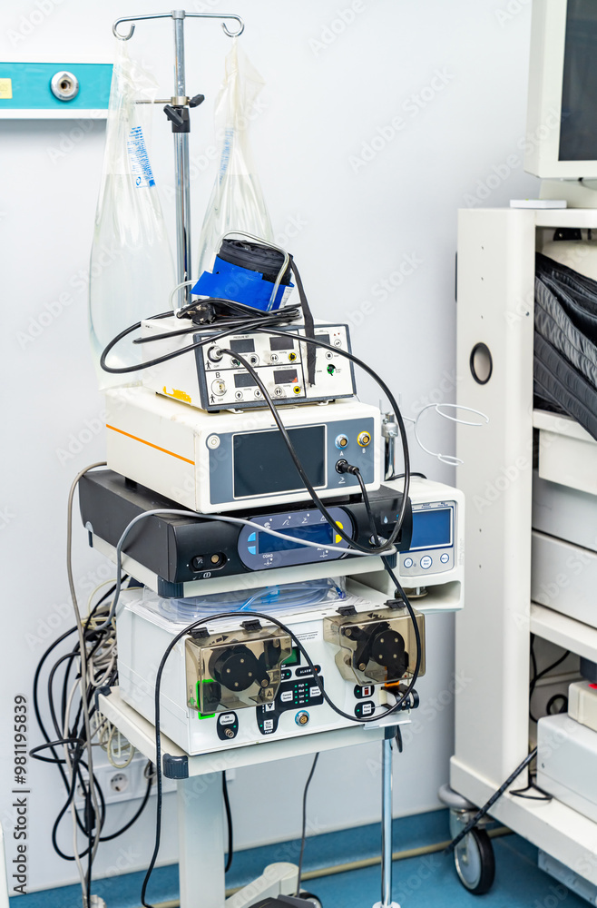 Hospital room medical equipment setup. A collection of medical devices ...