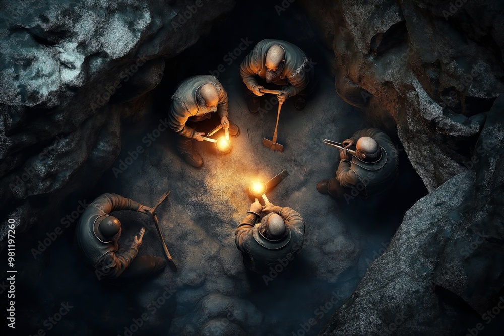 A group of dwarves huddled in a dimly lit cave, working with tools ...