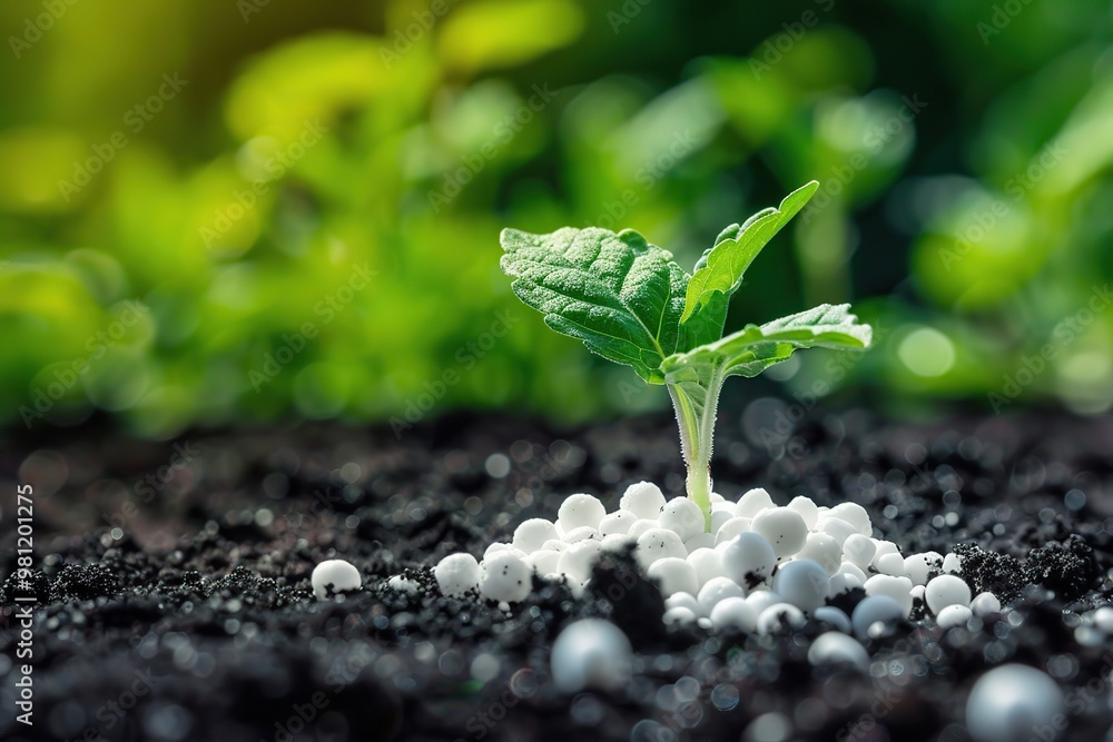 White granulated fertilizer scattered near little young green plant ...