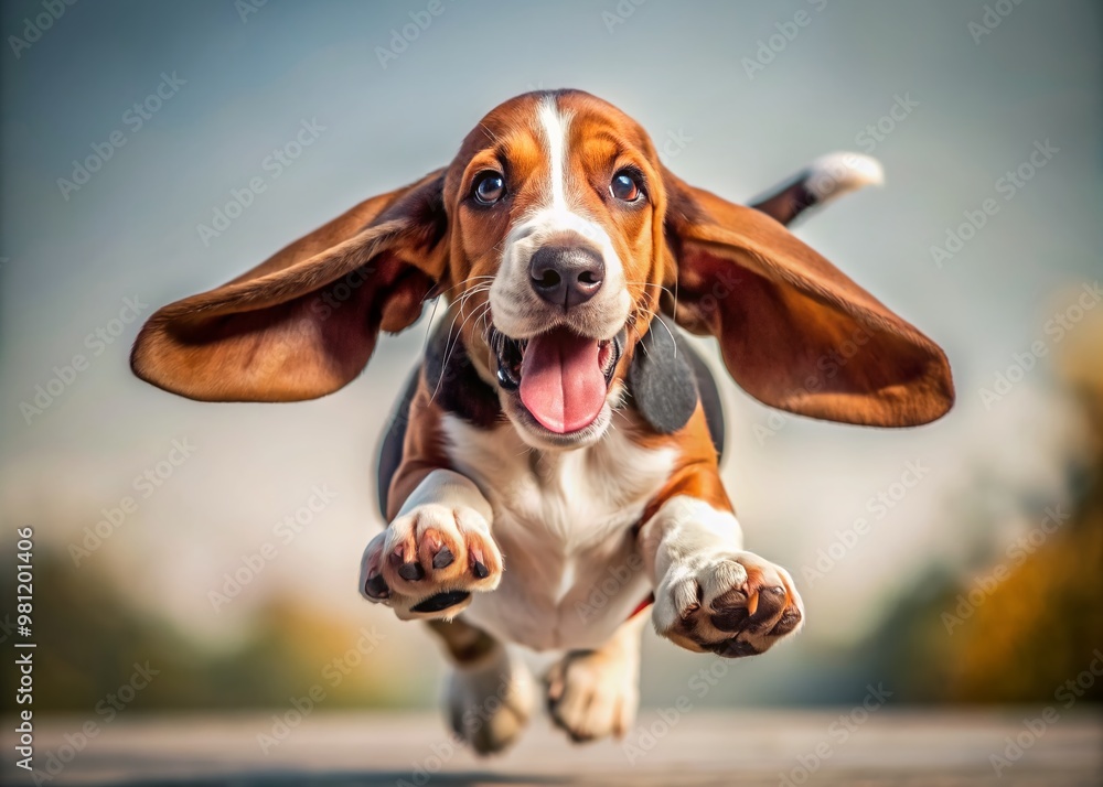 Adorable brown and white basset hound puppy leaps into air with ...