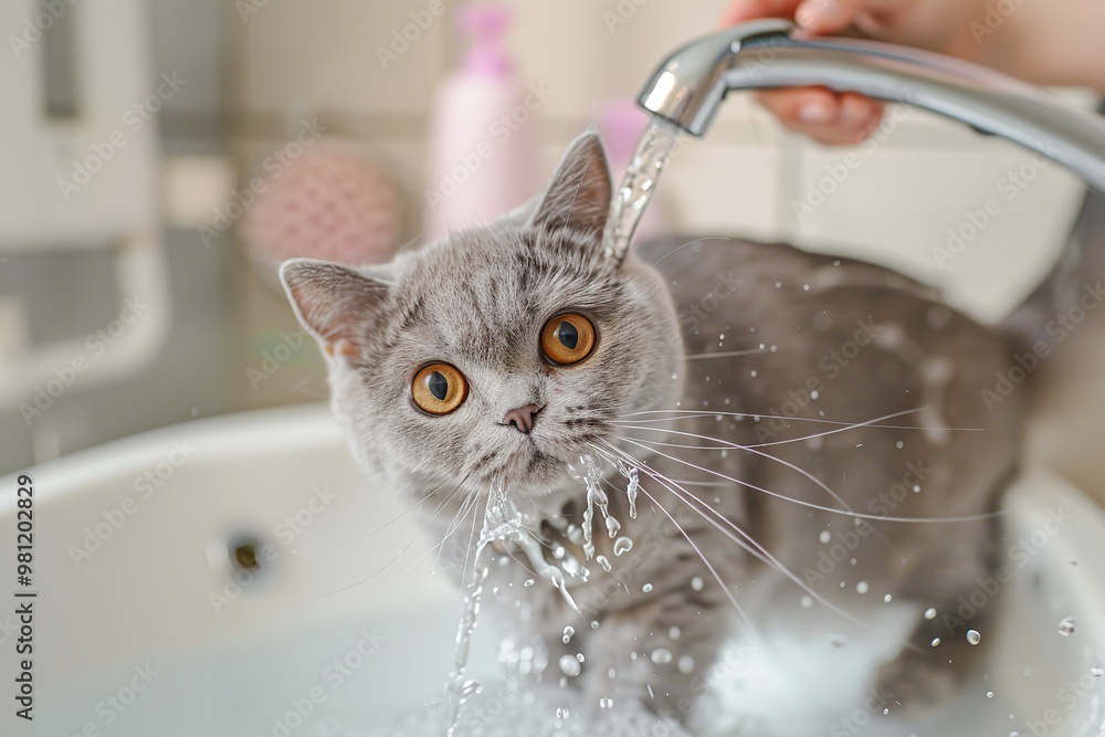 Wet Cat taking bath, shower In bathtub. Funny washing cat with shampoo ...