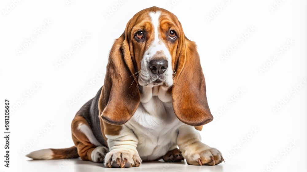 Adorable basset hound with droopy ears and wrinkles sits alone on a ...